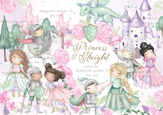 Princesses and Knights Clipart Set. Kingdom Dragon Watercolor - Etsy UK