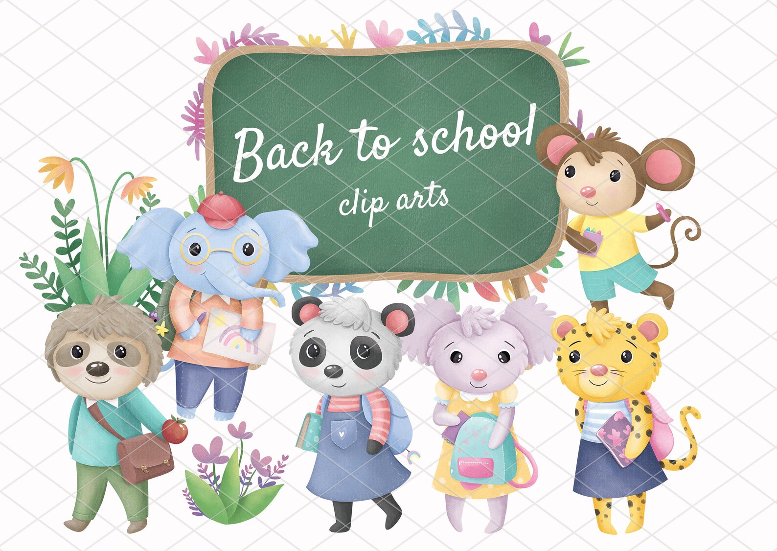 Watercolor Back to School Clipart Jungle Animals School - Etsy