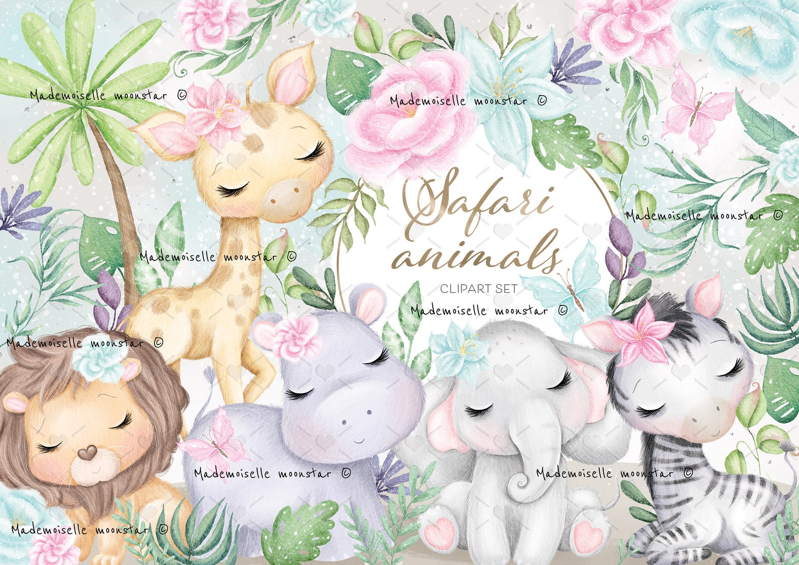 Cute Safari Baby Animals Clipart Set. Lovely Jungle, Lion, Hippopotamus ...