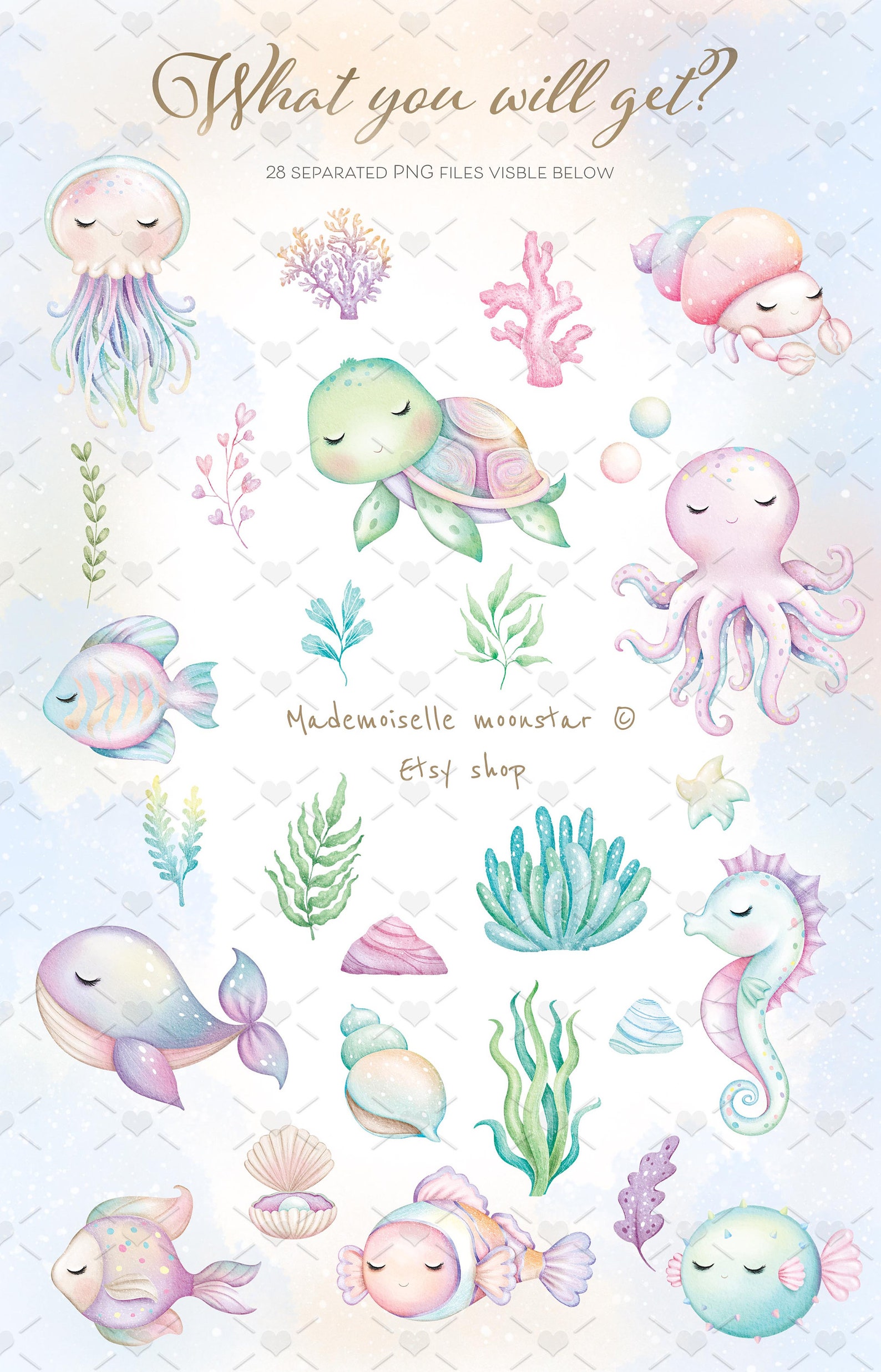 Rainbow Sea Babies Clipart. Cute Sea Creatures Digital PNG Files ...