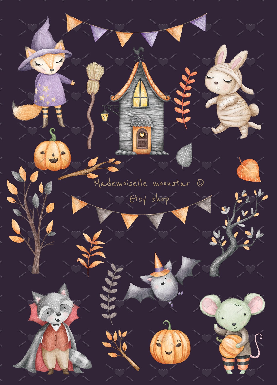 Halloween Party Forest Animals Clipart Set. Fox Witch Bat - Etsy