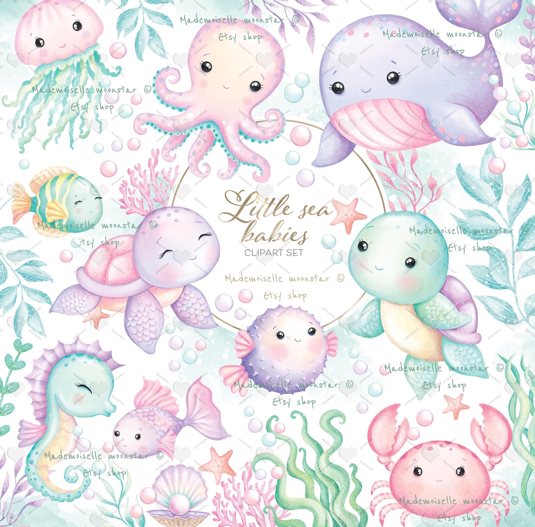 Cute Pastel Sea Animals Clipart Set. Rainbow Sea Babies. Turtle ...