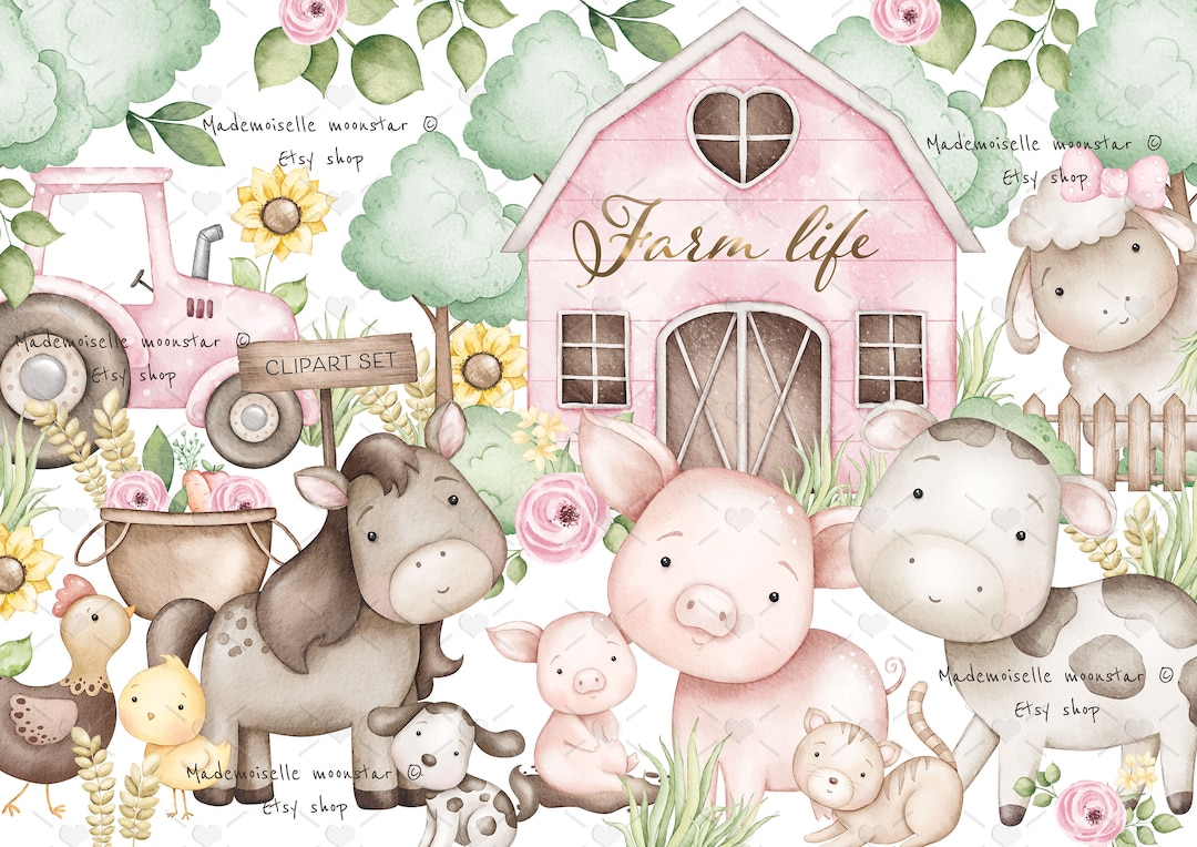 Cute Farm Animals Clipart Set. Pig, Cow, Dog , Cat, Sheep, Horse PNG ...
