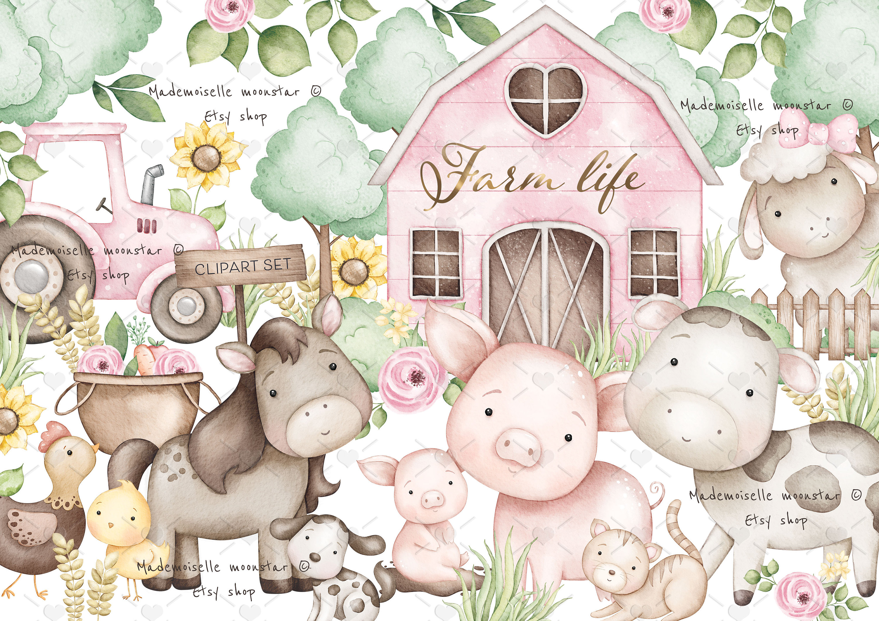 Cute Farm Animals Clipart Set. Pig, Cow, Dog , Cat, Sheep, Horse PNG ...