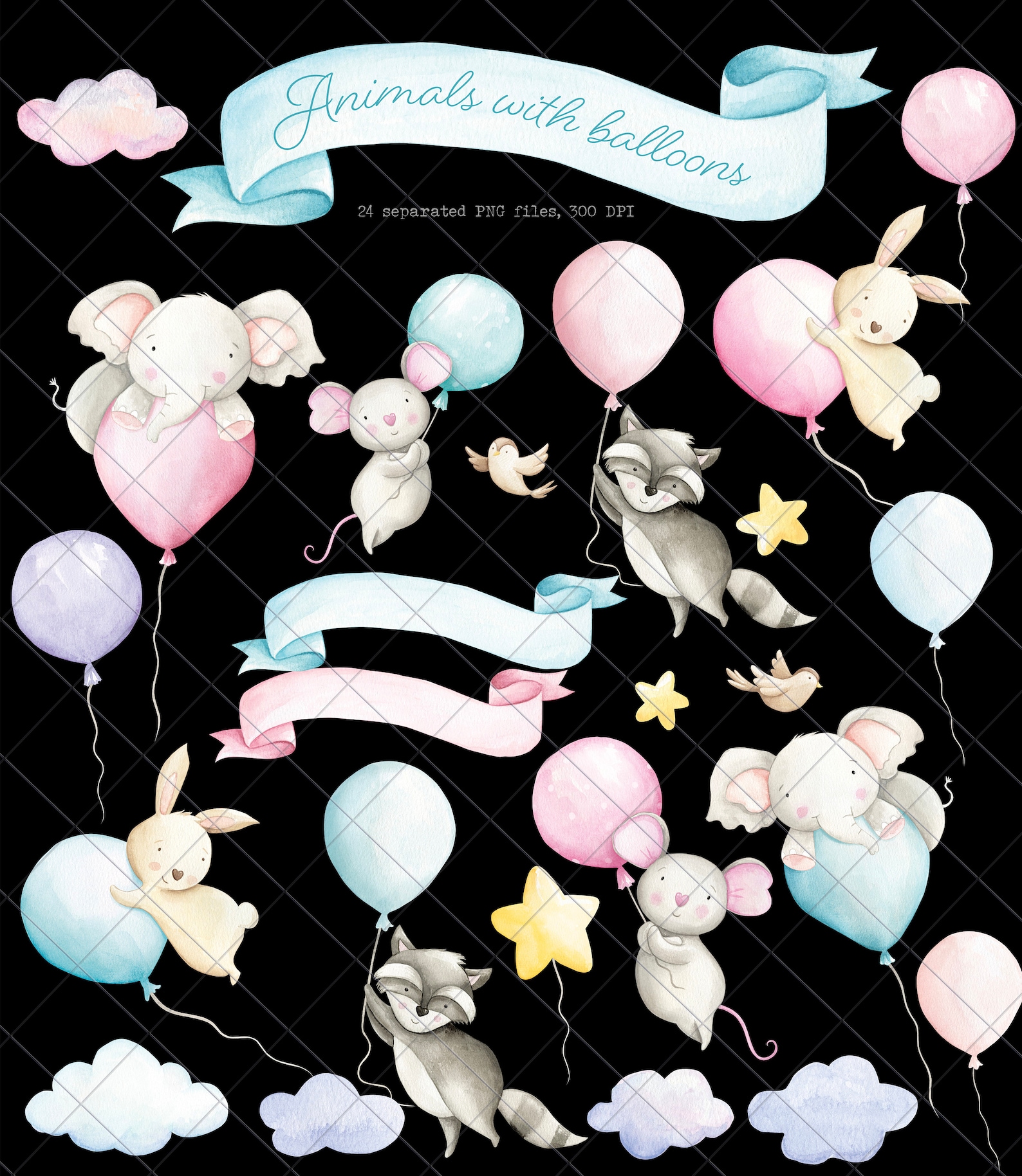 Animals With Balloons Watercolor Clipart Kids Clipart - Etsy