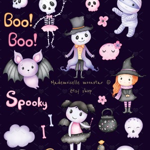 Spooky but Cute Halloween Clipart Set. Witch, Ghost, Skeleton, Monster ...