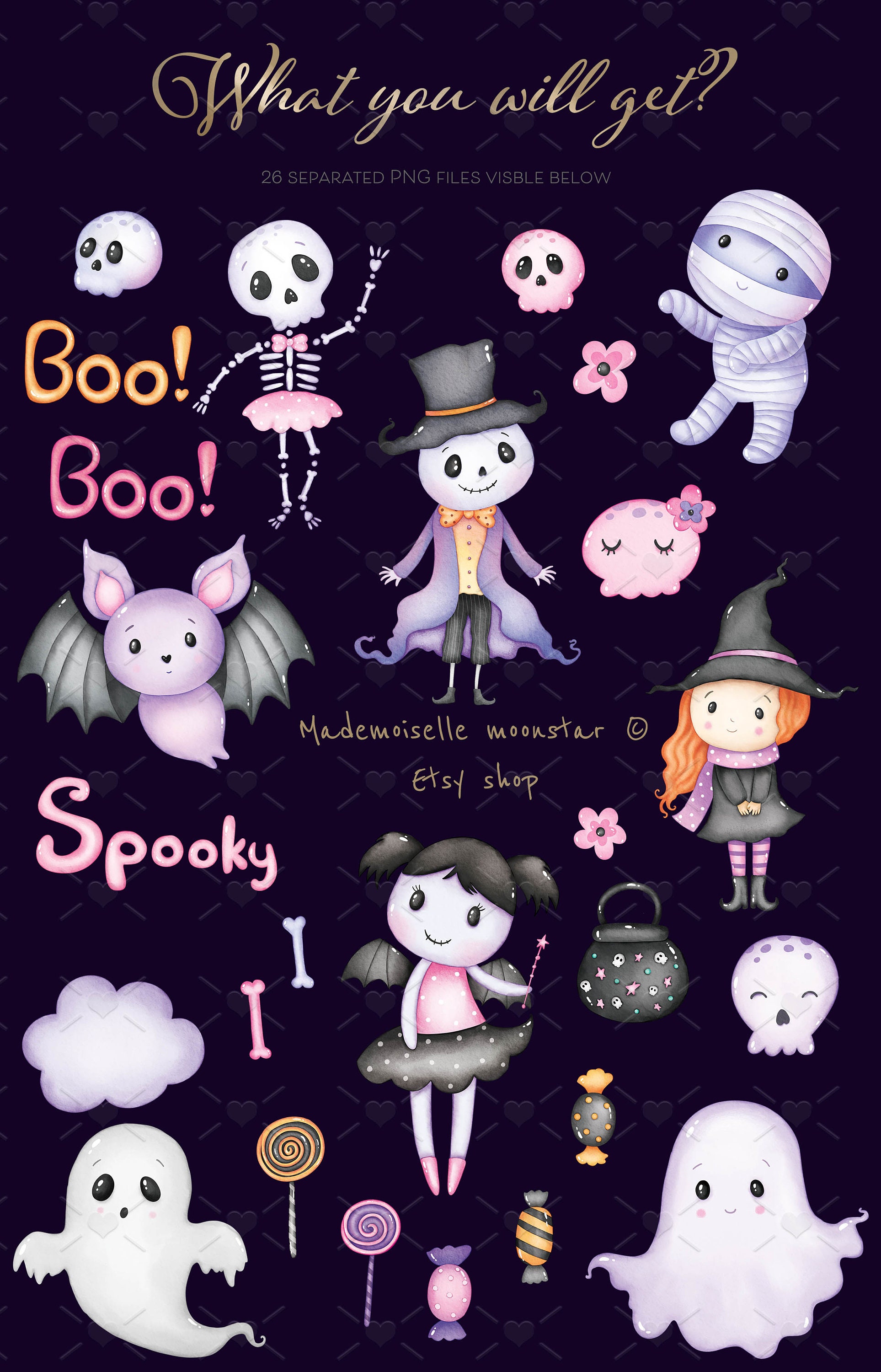 Spooky but Cute Halloween Clipart Set. Witch, Ghost, Skeleton, Monster ...