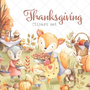 Watercolor Thanksgiving Clipart Set, Forest Animals, Turkey, Fox ...