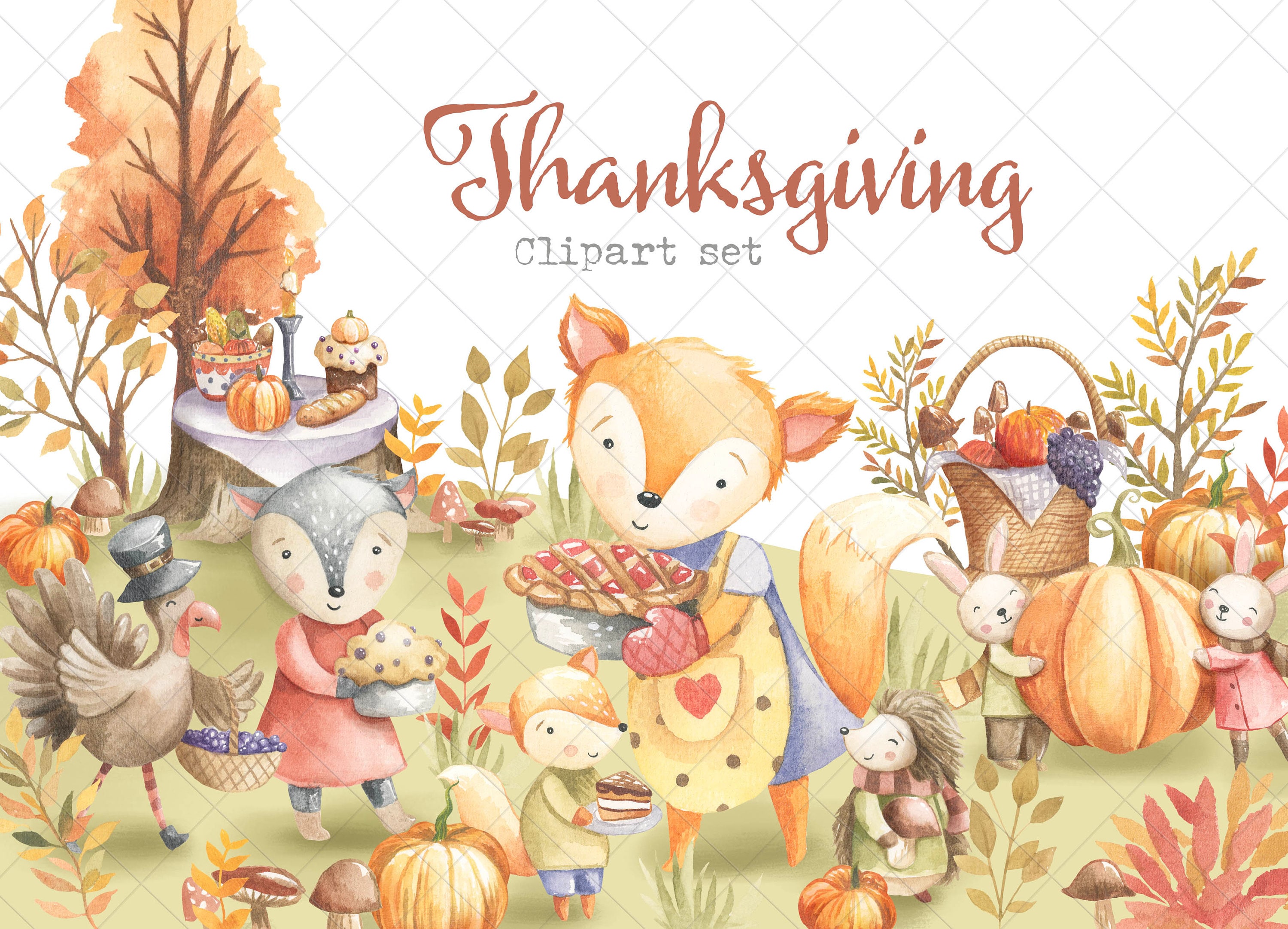 Watercolor Thanksgiving Clipart Set Forest Animals Turkey - Etsy