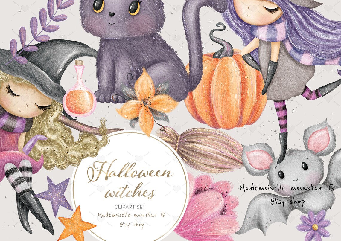 Halloween Witches Clipart Set. Spooky Halloween, Witch, Bat, Cat ...