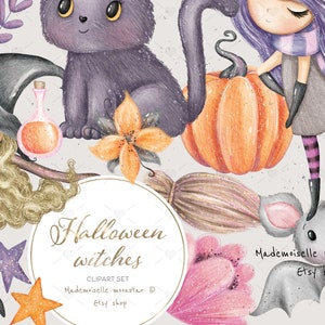 Halloween Witches Clipart Set. Spooky Halloween, Witch, Bat, Cat ...
