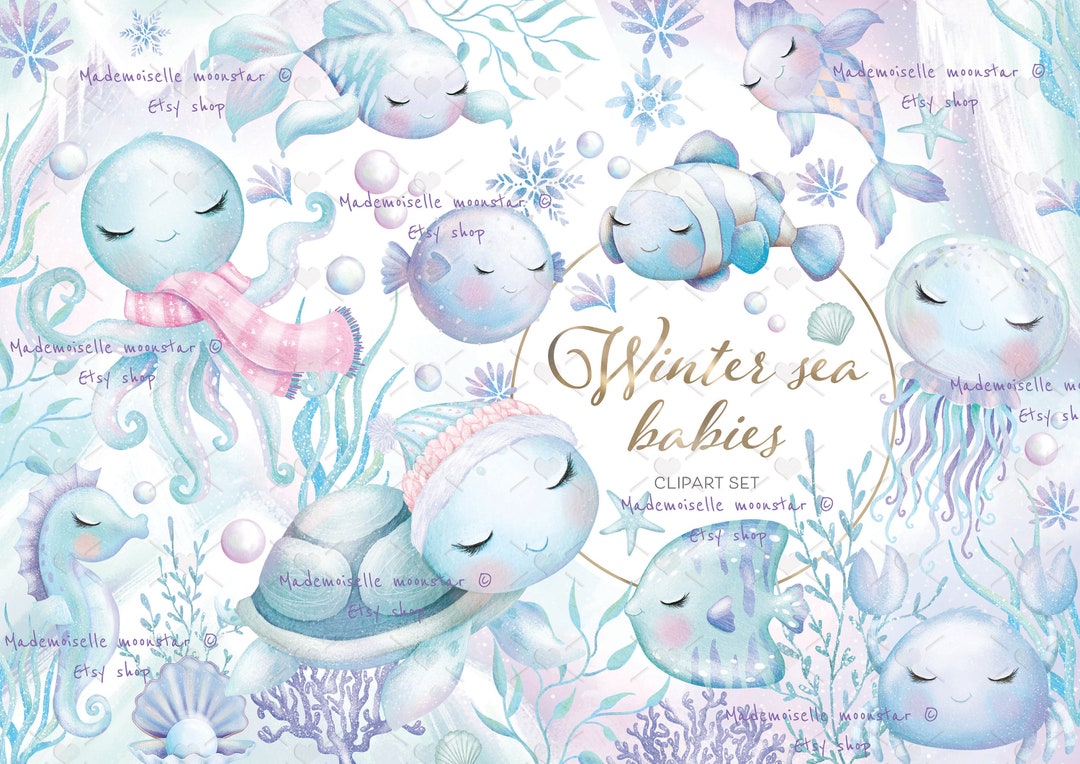 Little Winter Sea Animals Clipart. Cute Sea Creatures Digital PNG Files ...
