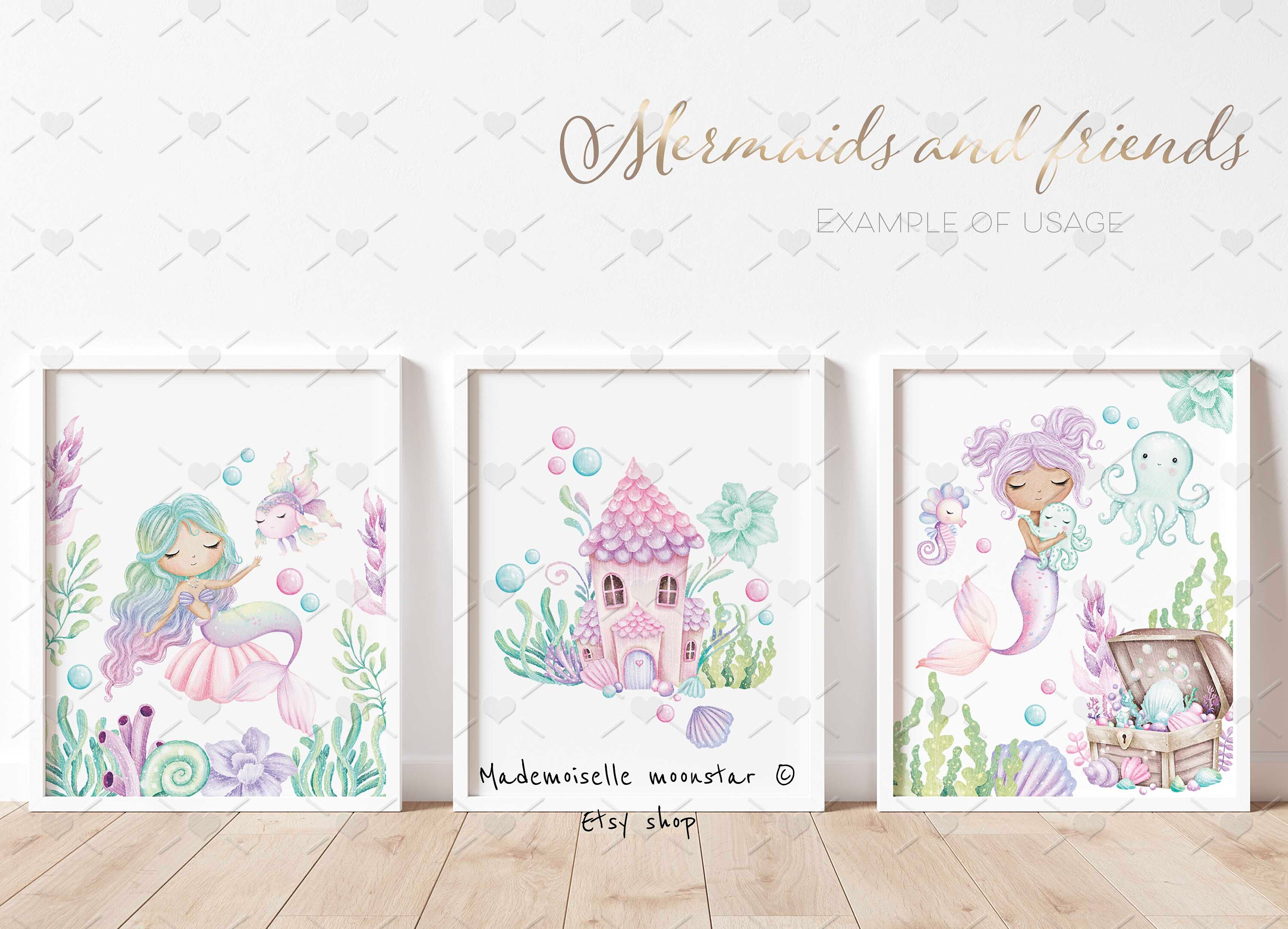 Cute Mermaid and Sea Animals Clipart Set. Mermaid House, Underwater ...