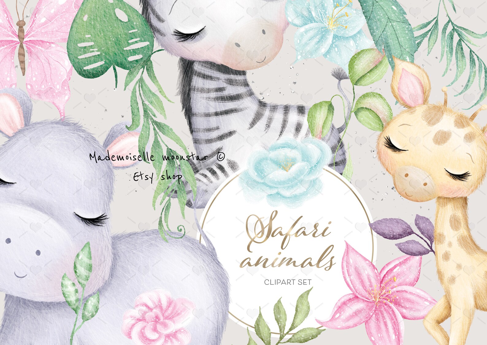 Cute Safari Baby Animals Clipart Set. Lovely Jungle, Lion, Hippopotamus ...