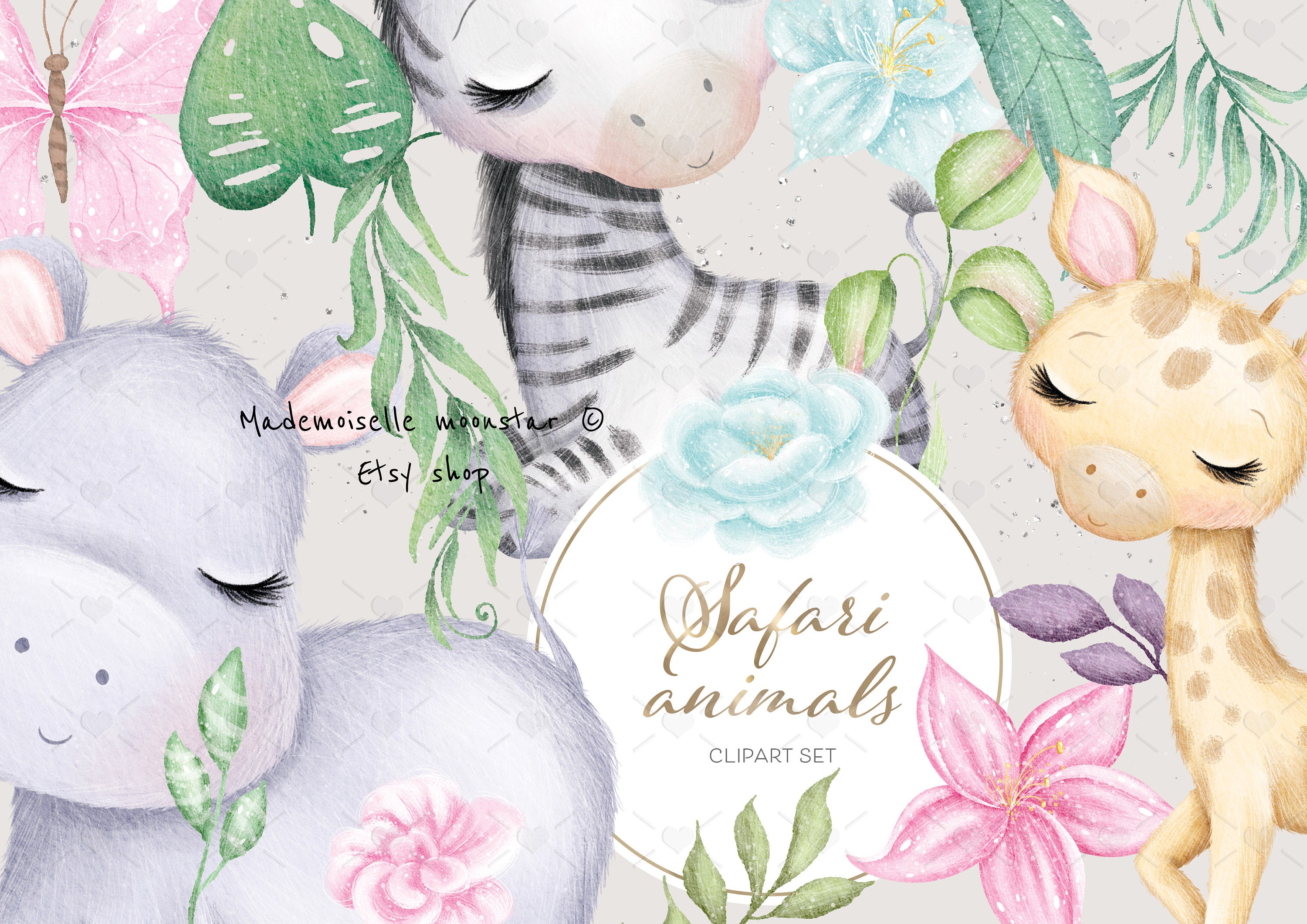 Cute Safari Baby Animals Clipart Set. Lovely Jungle, Lion, Hippopotamus ...