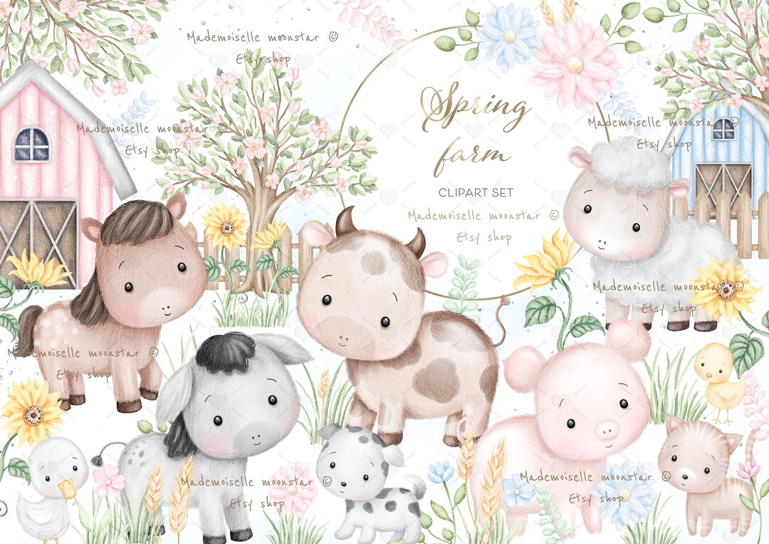 Spring Farm Animals. Farm Life, Cow, Horse, Pig, Donkey, Sheep, Dog ...