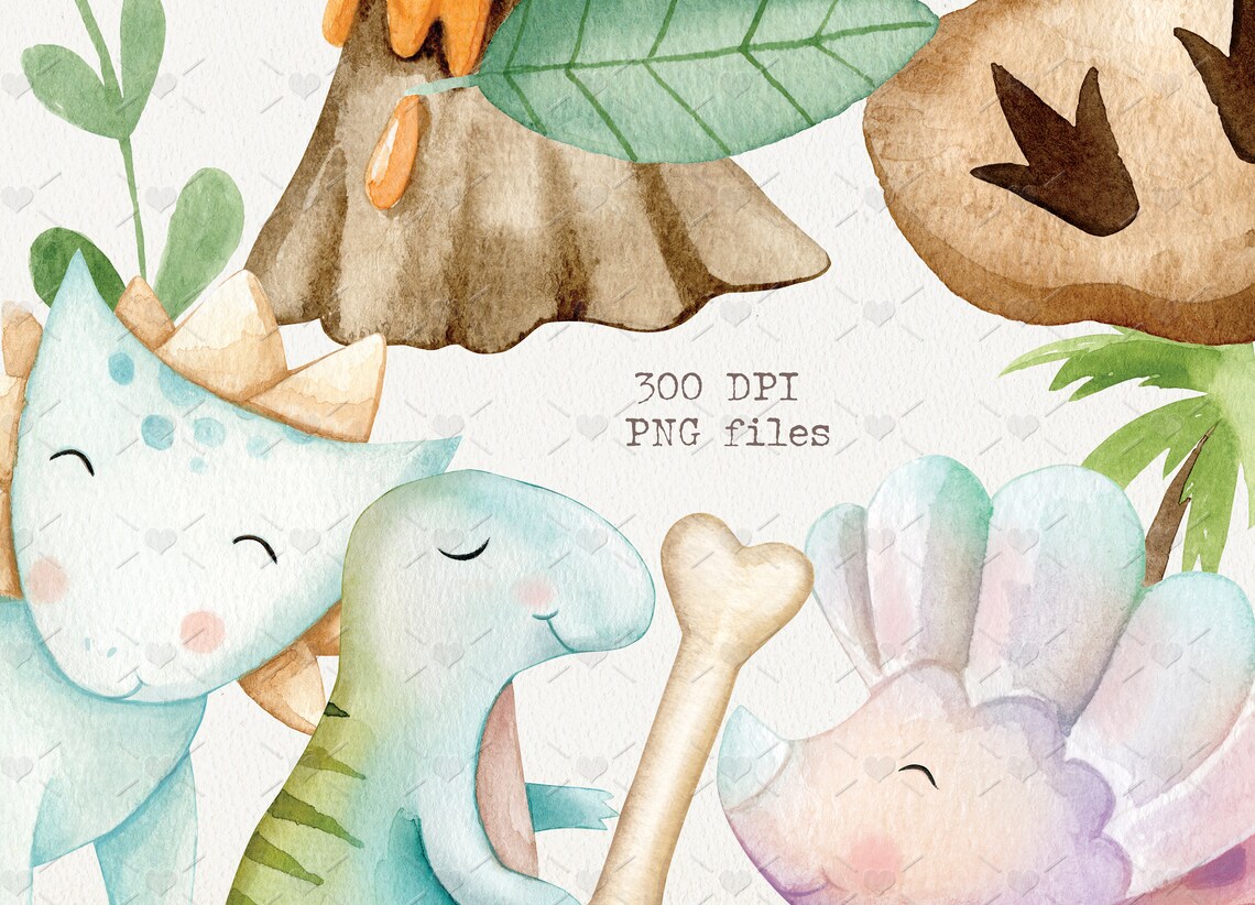 Watercolor Dinosaur Clipart Cute Baby Dinosaurs Dinosaur - Etsy