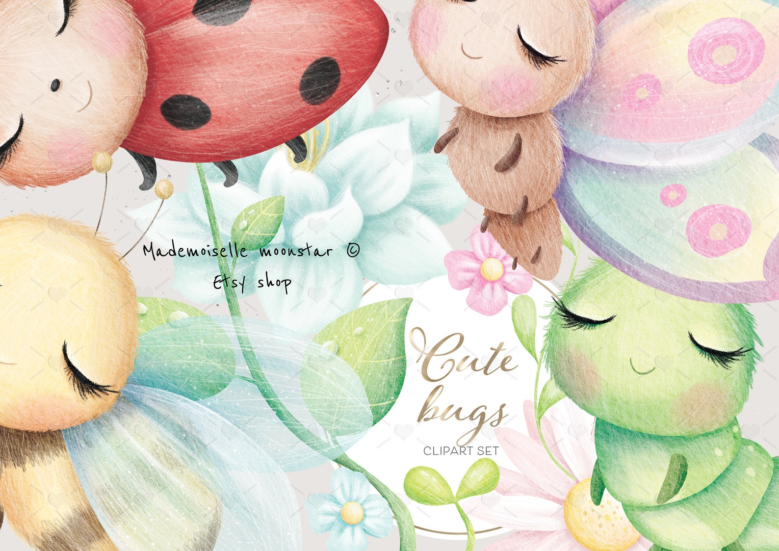 Cute Bugs Clipart Set. Bee, Ladybug, Caterpillar, Snail, Butterfly ...