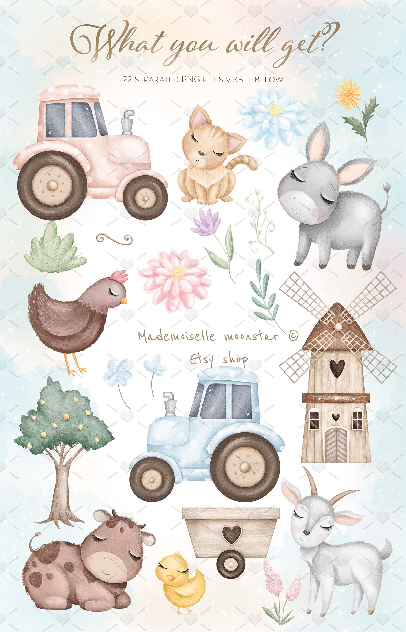 Cute Farm Animals Part 2 Clipart Set. Donkey, Cow, Goat, Cat, Pink and ...
