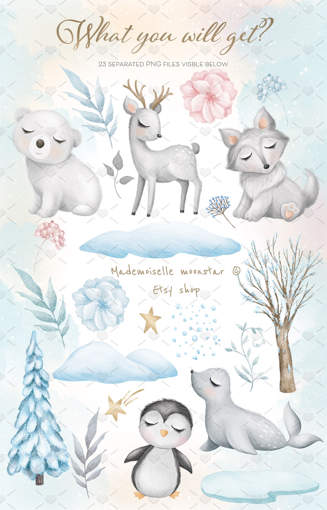 Cute Arctic Animals Clipart. Cute Winter Animals, Polar Bear, Wolf ...