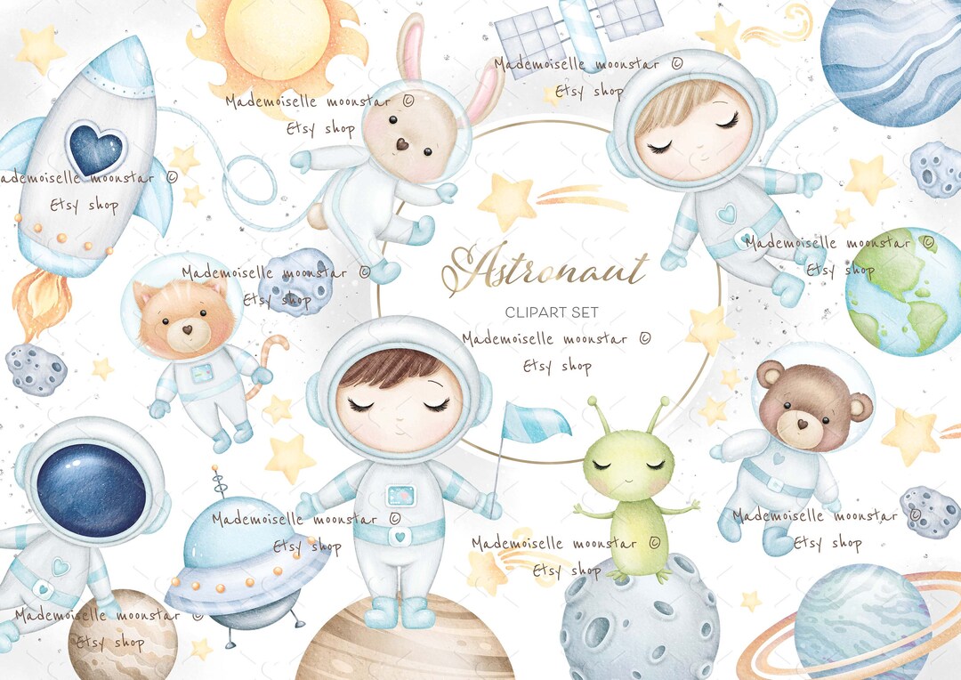 Cute Astronaut Boy Clipart. Teddy Bear, Cat, Bunny Space. Watercolor ...