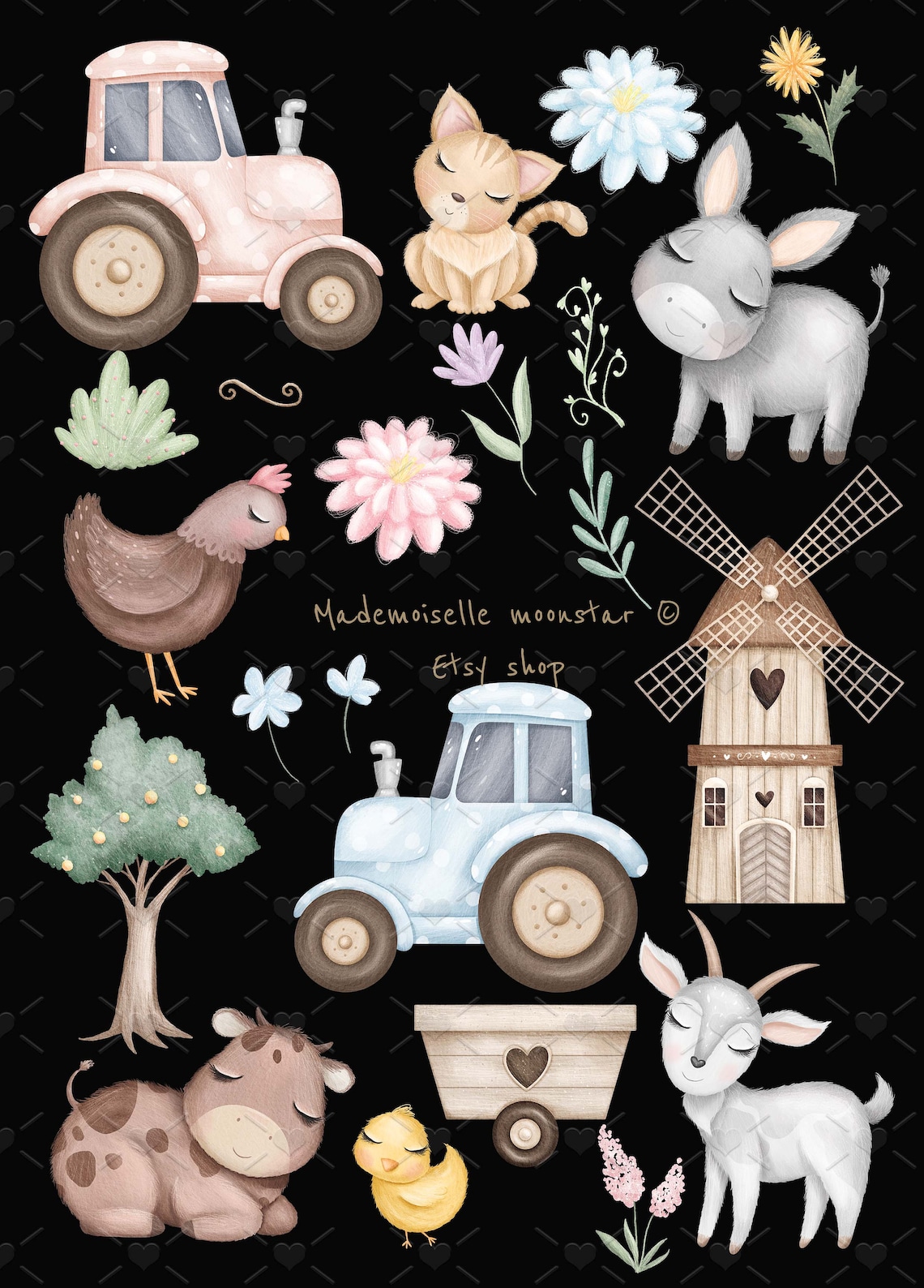 Cute Farm Animals Part 2 Clipart Set. Donkey, Cow, Goat, Cat, Pink and ...