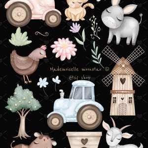 Cute Farm Animals Part 2 Clipart Set. Donkey, Cow, Goat, Cat, Pink and ...