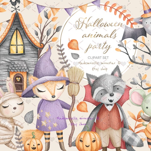 Halloween Party Forest Animals Clipart Set. Fox Witch Bat - Etsy