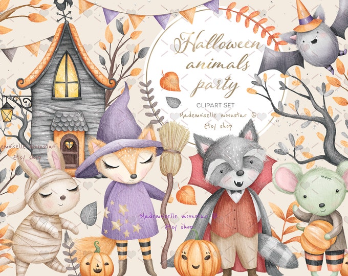 Halloween Party Forest Animals Clipart Set. Fox Witch Bat - Etsy