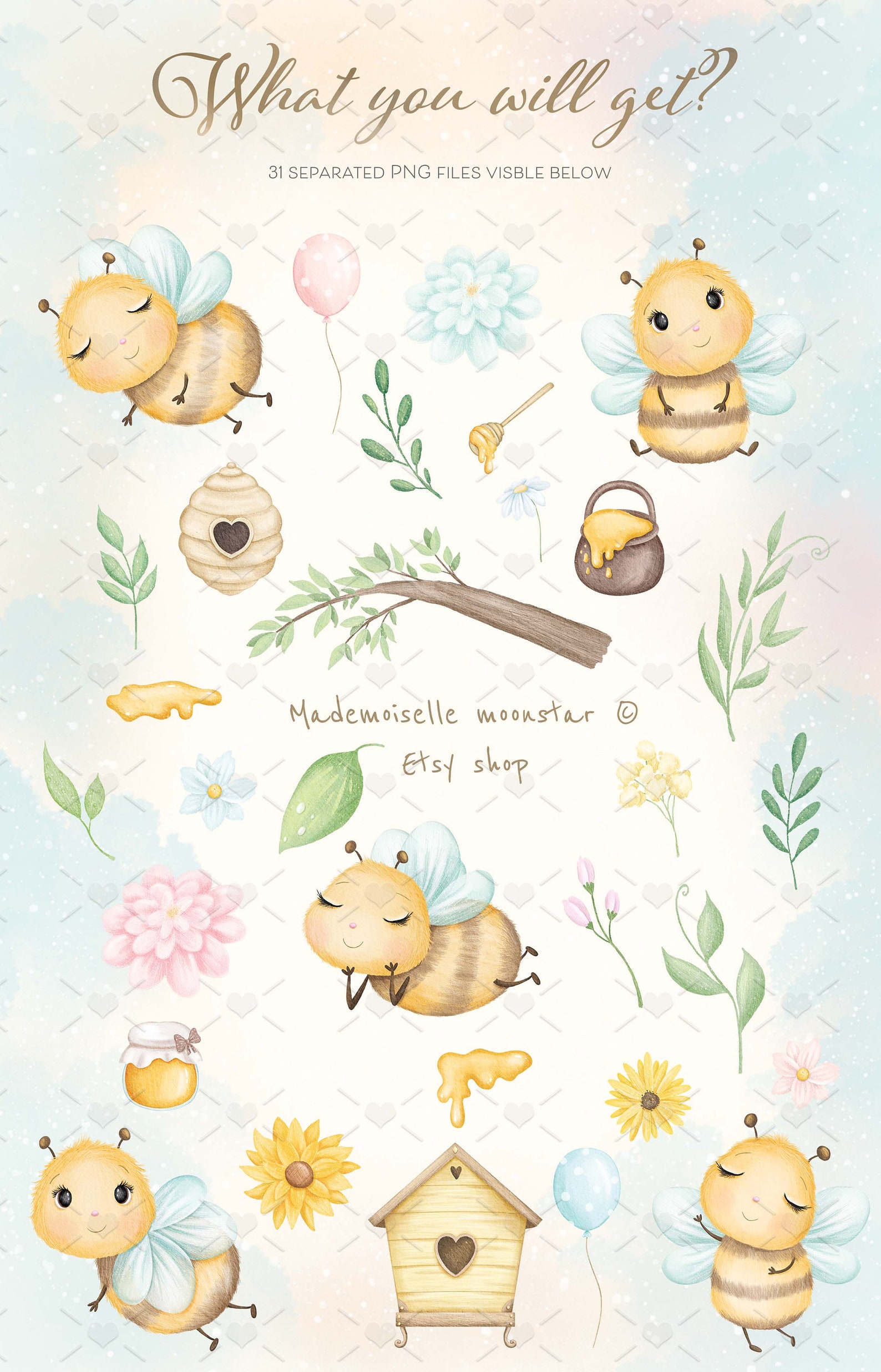 Bee and Honey Clipart Set. Cute Baby Bee Honey Flowers 300 - Etsy
