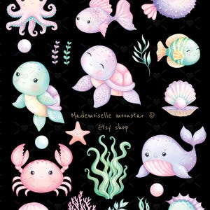 Cute Pastel Sea Animals Clipart Set. Rainbow Sea Babies. Turtle ...