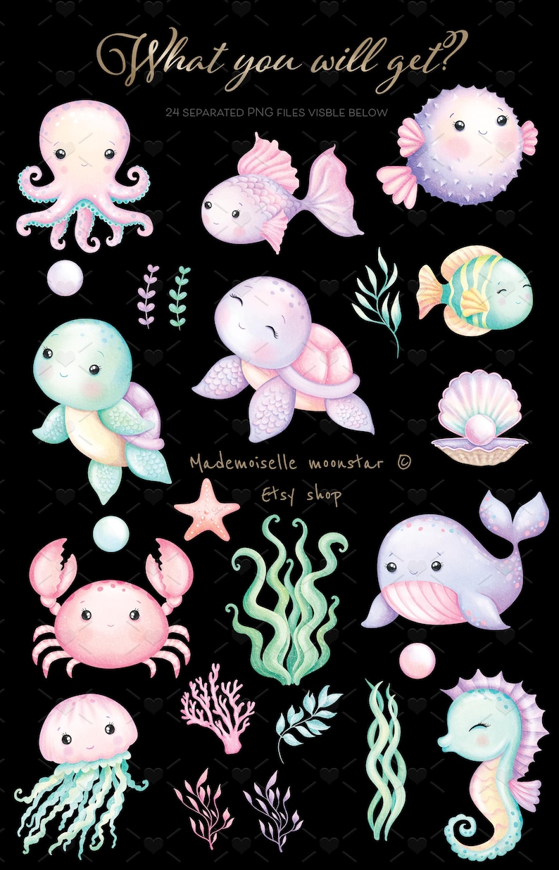 Lindo set de imágenes prediseñadas de animales marinos en tonos pastel ...