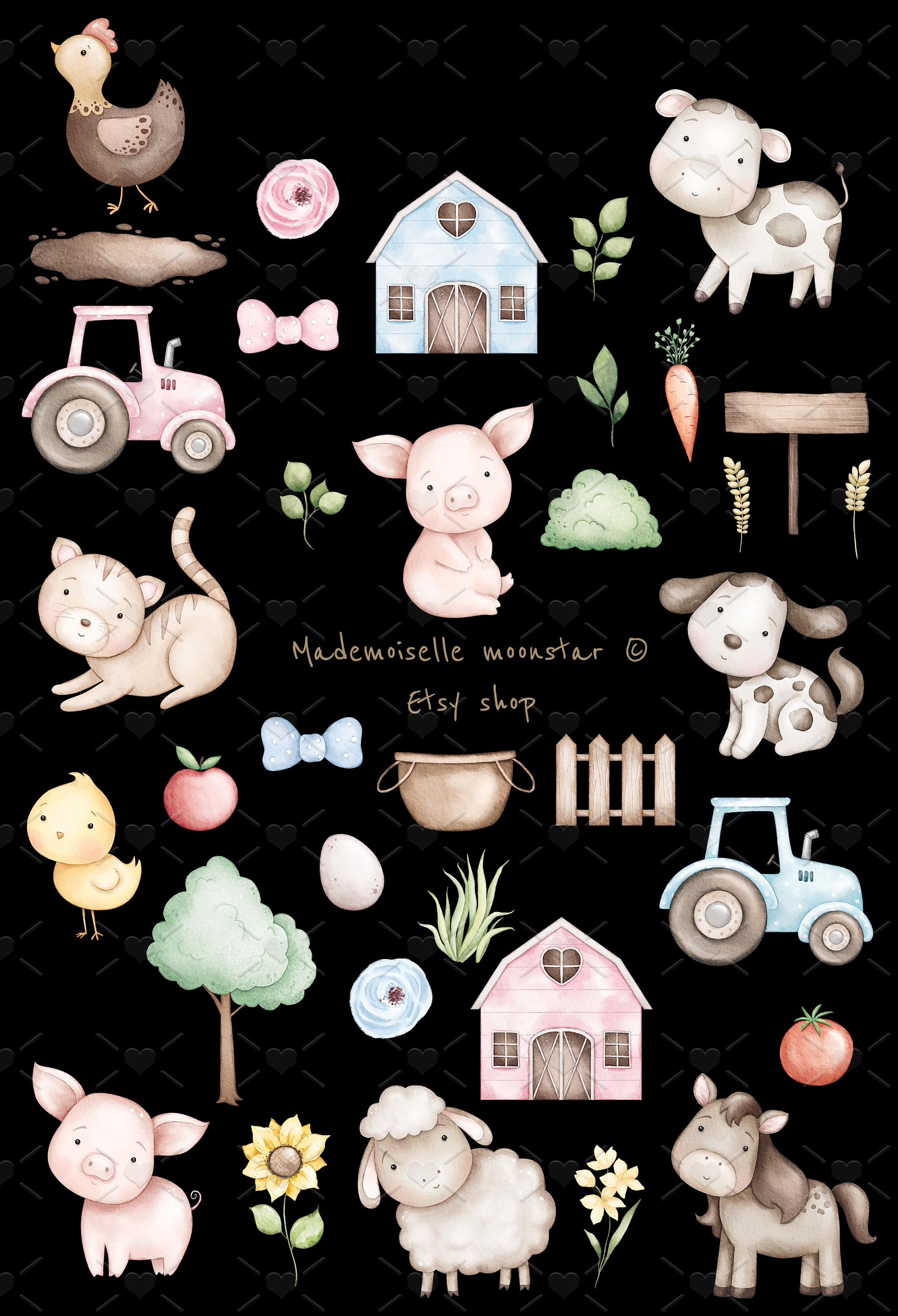 Cute Farm Animals Clipart Set. Pig, Cow, Dog , Cat, Sheep, Horse PNG ...