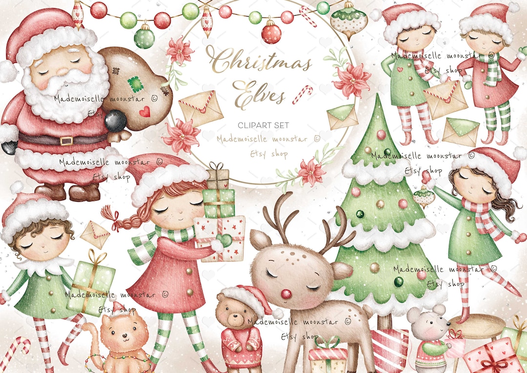 Christmas Elves and Santa Clipart Set. Reindeer, Mouse, Cat, Teddybear ...