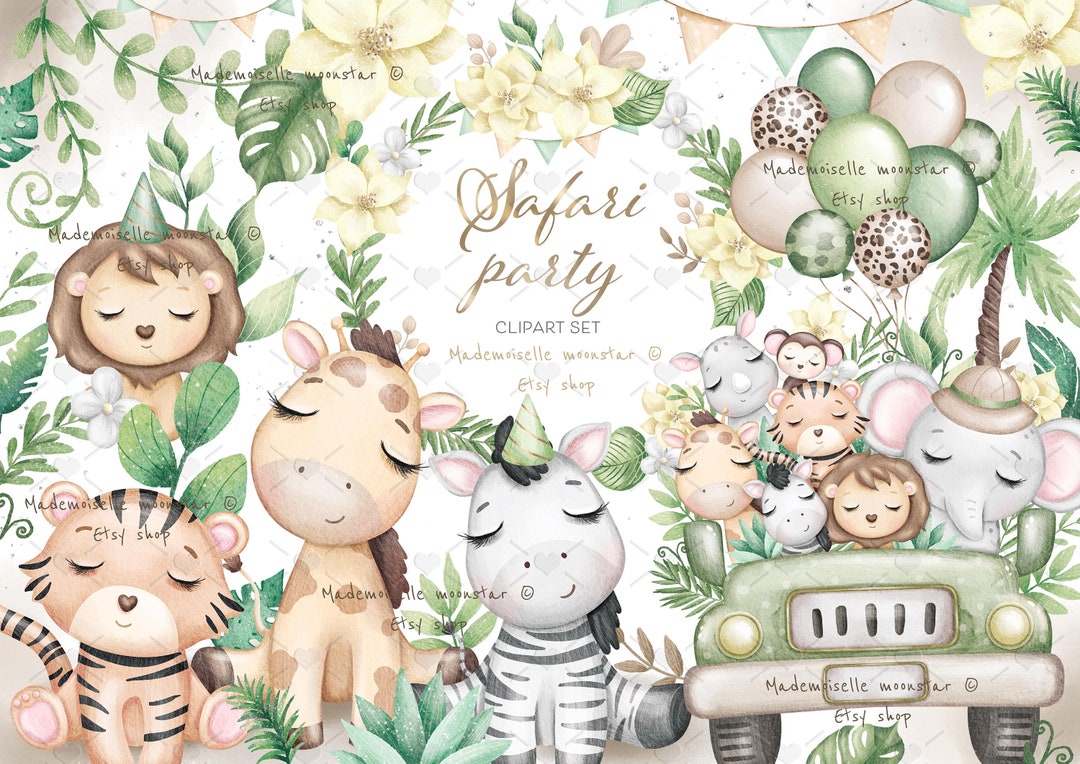 Cute Safari Animals Clipart Set. Safari Adventure Party. Lion, Zebra ...