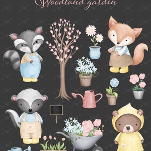 Woodland Spring Garden Clipart Set. Fox, Racoon, Bear, Skunk, Flowers ...