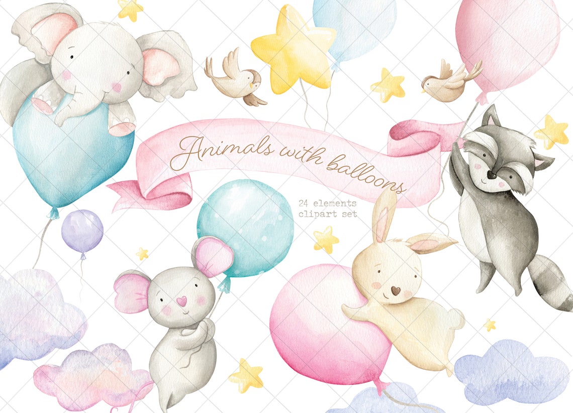 Animals With Balloons Watercolor Clipart Kids Clipart - Etsy