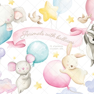 Animals With Balloons Watercolor Clipart, Kids Clipart, Nursery Decor ...