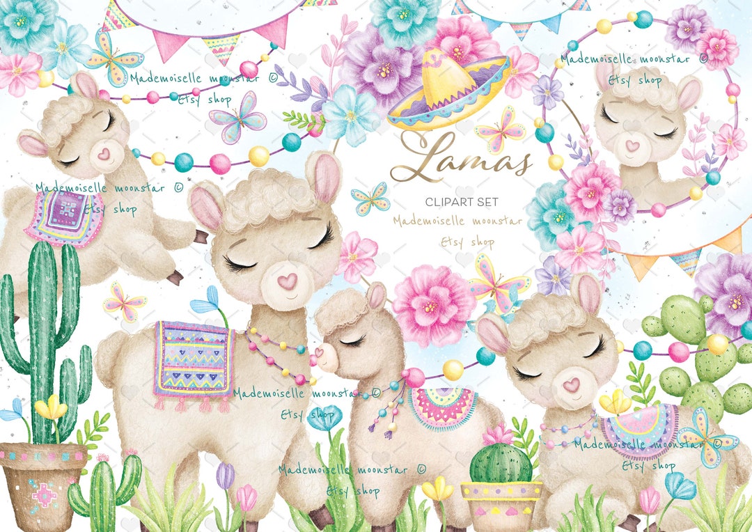 Cute Pastel Lama Clipart. Alpaca Clipart. Mexican, Fiesta, Alpaca Party ...