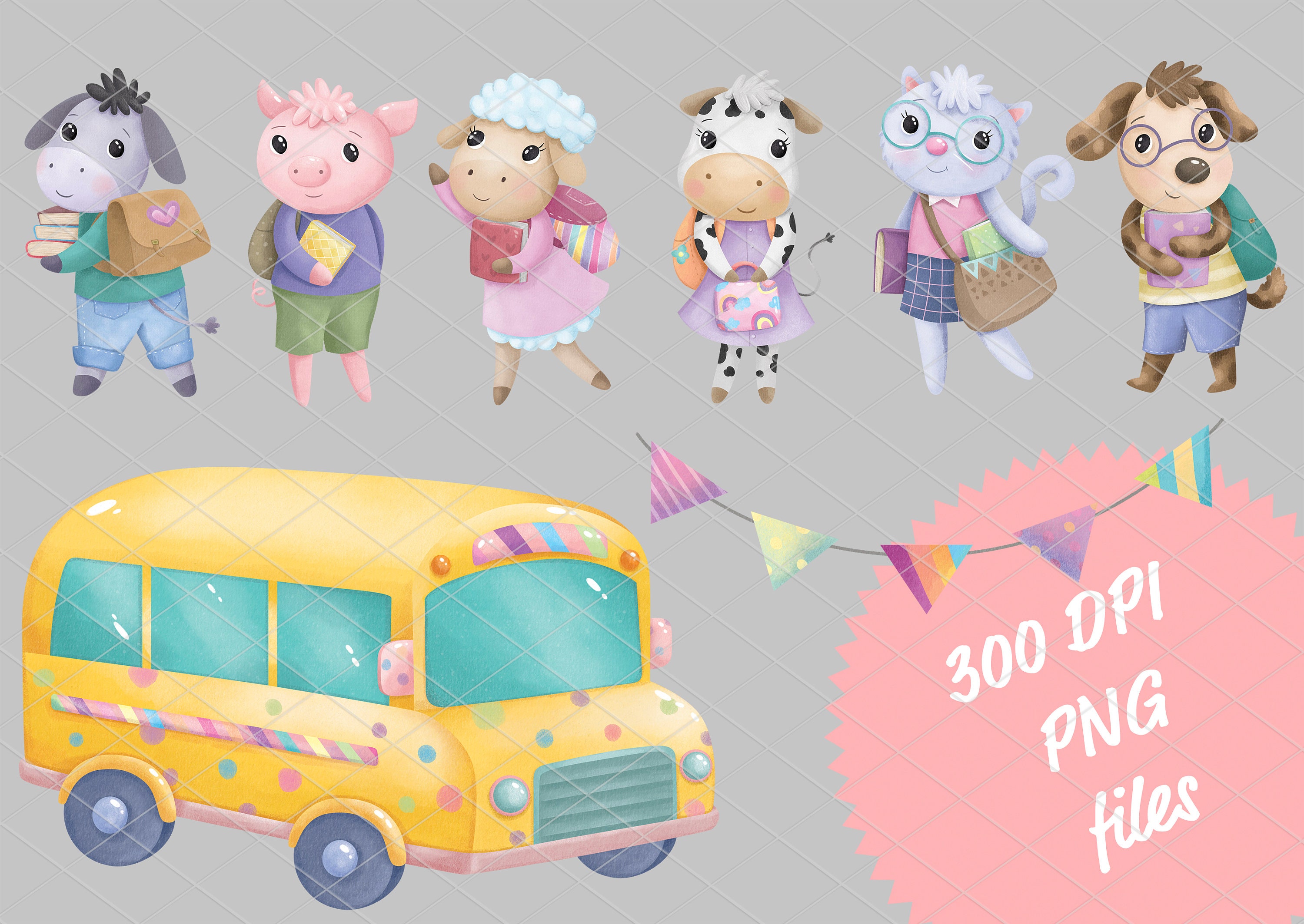 Back to School Farm Animals Clipart, School Bus Clipart, Watercolor ...