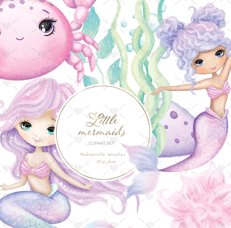 Cute Mermaid Clipart Set. PNG Files. Castle, Pastel, Rainbow Mermaid ...