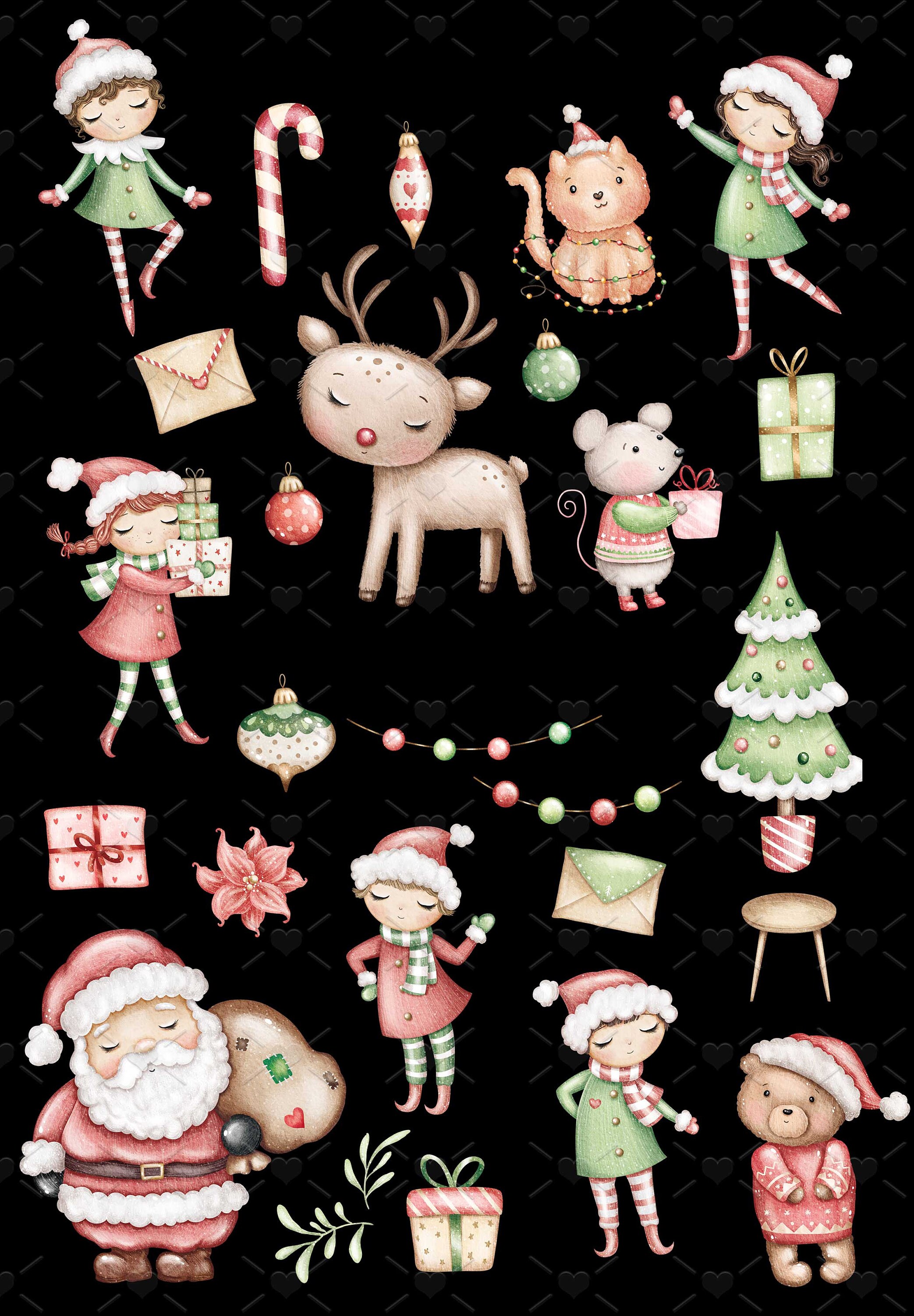 Christmas Elves and Santa Clipart Set. Reindeer, Mouse, Cat, Teddybear ...