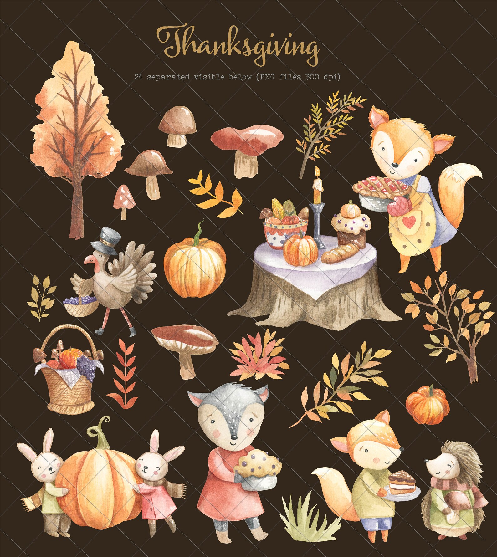 Watercolor Thanksgiving Clipart Set Forest Animals Turkey - Etsy