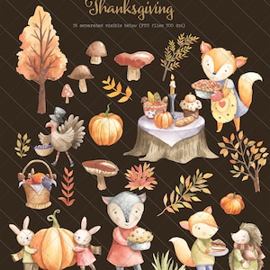 Watercolor Thanksgiving Clipart Set, Forest Animals, Turkey, Fox ...