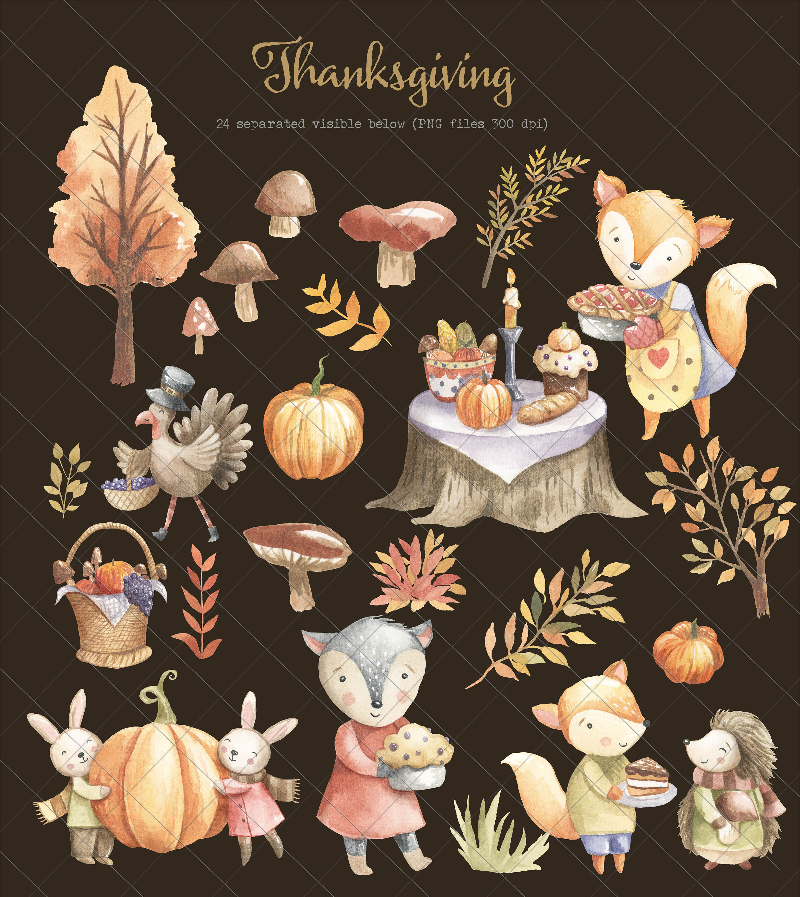 Watercolor Thanksgiving Clipart Set Forest Animals Turkey - Etsy