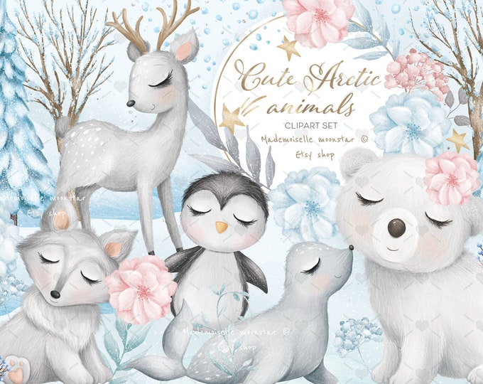 Cute Arctic Animals Clipart. Cute Winter Animals Polar Bear - Etsy