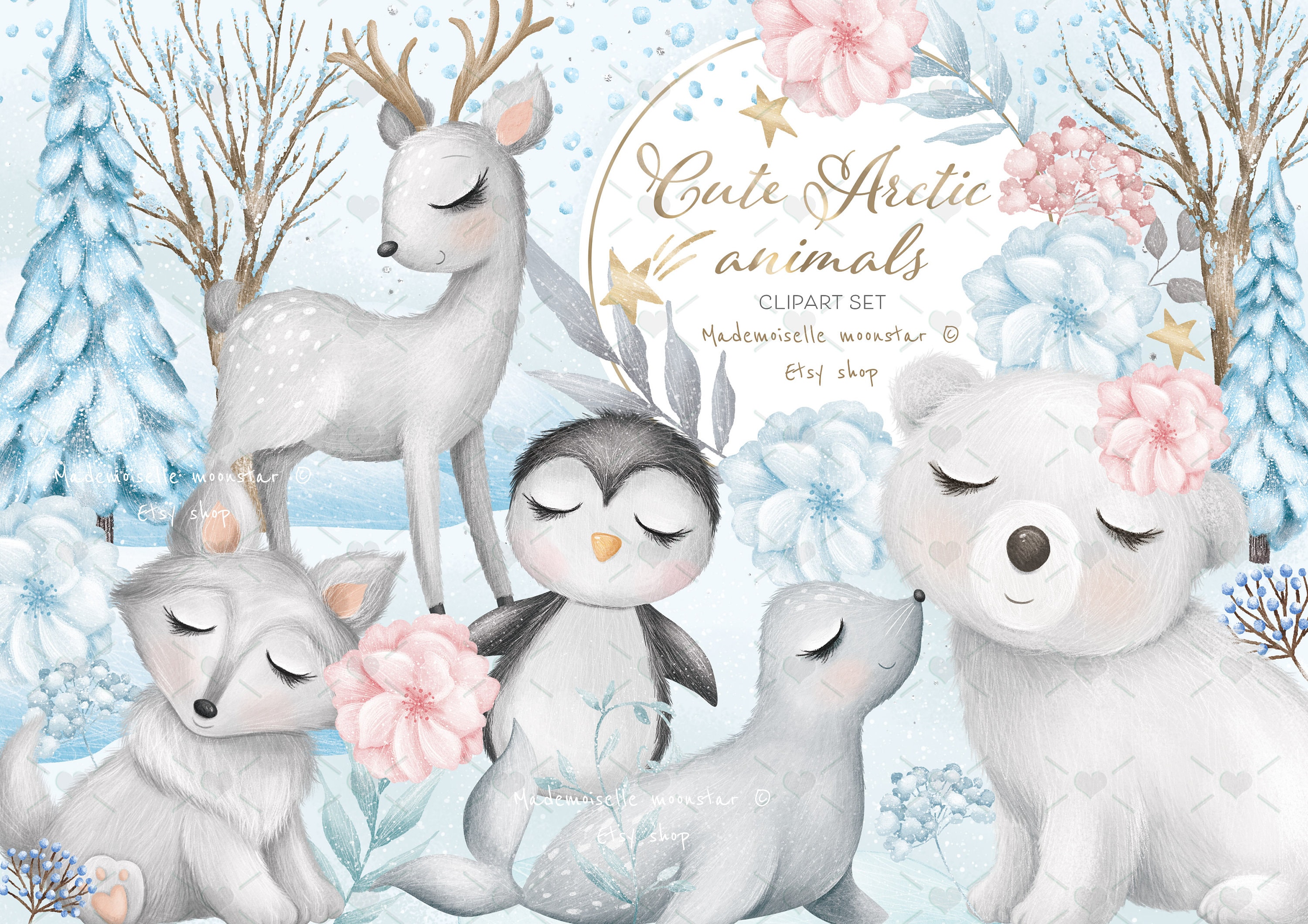 Cute Arctic Animals Clipart. Cute Winter Animals Polar Bear - Etsy UK