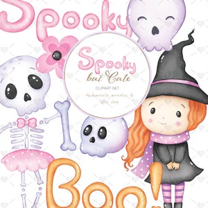 Spooky but Cute Halloween Clipart Set. Witch, Ghost, Skeleton, Monster ...