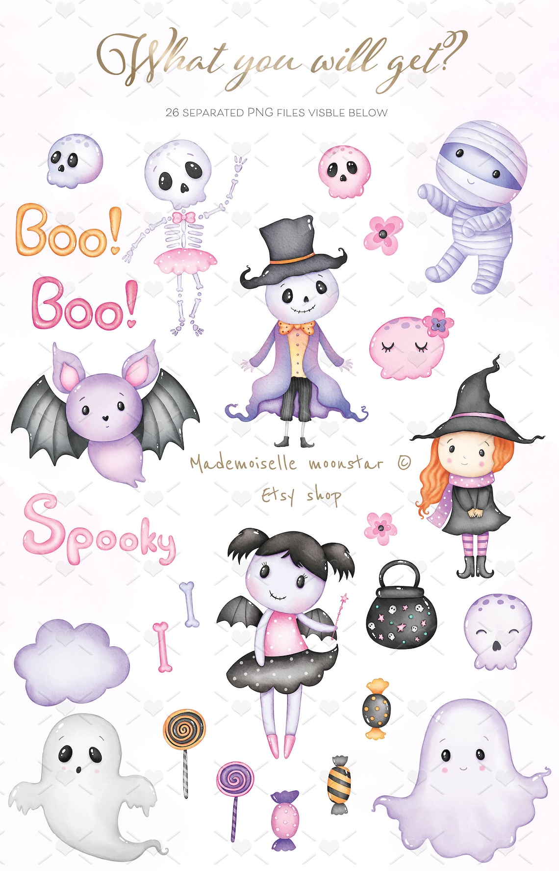 Spooky but Cute Halloween Clipart Set. Witch, Ghost, Skeleton, Monster ...