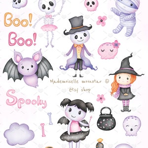Spooky but Cute Halloween Clipart Set. Witch, Ghost, Skeleton, Monster ...